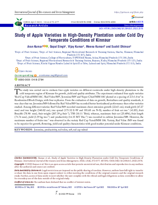(PDF) Study of Apple Varieties in High-Density Plantation under Cold ...