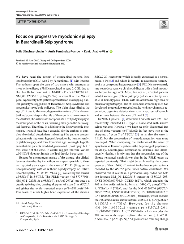 (PDF) Focus on progressive myoclonic epilepsy in Berardinelli-Seip syndrome