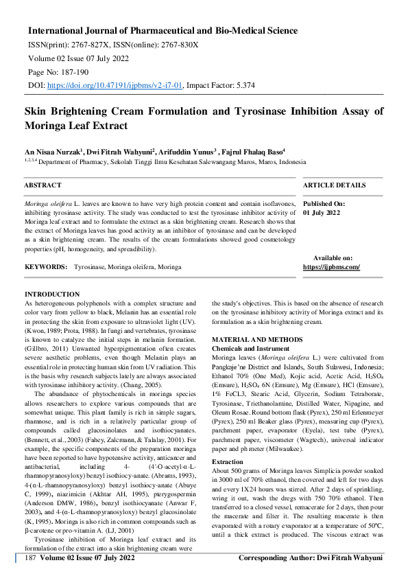 (PDF) Skin Brightening Cream Formulation and Tyrosinase Inhibition ...