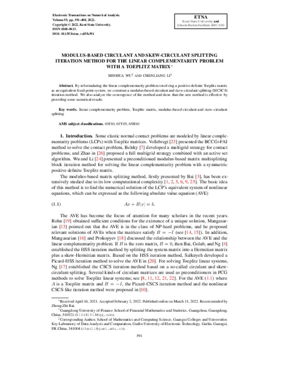 (PDF) Modulus-based circulant and skew-circulant splitting iteration method for the linear ...