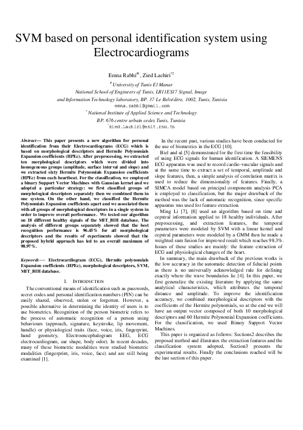(PDF) SVM based on personal identification system using Electrocardiograms