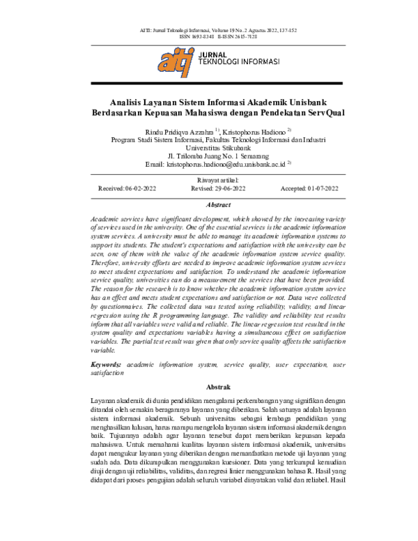 (PDF) Analisis Layanan Sistem Informasi Akademik Unisbank Berdasarkan Kepuasan Mahasiswa dengan ...