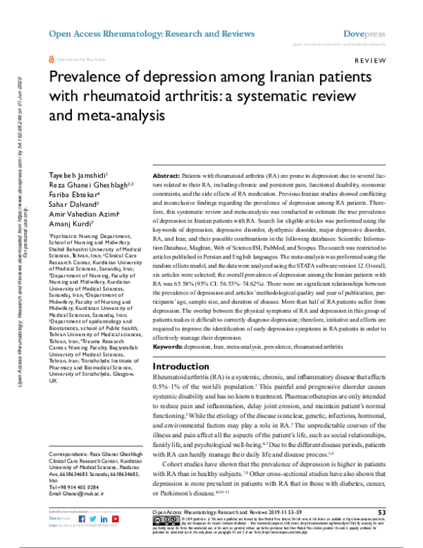 (PDF) Prevalence of depression among Iranian patients with rheumatoid arthritis: a systematic ...