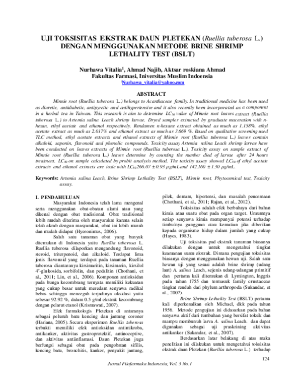 (PDF) UJI TOKSISITAS EKSTRAK DAUN PLETEKAN (Ruellia tuberosa L.) DENGAN ...