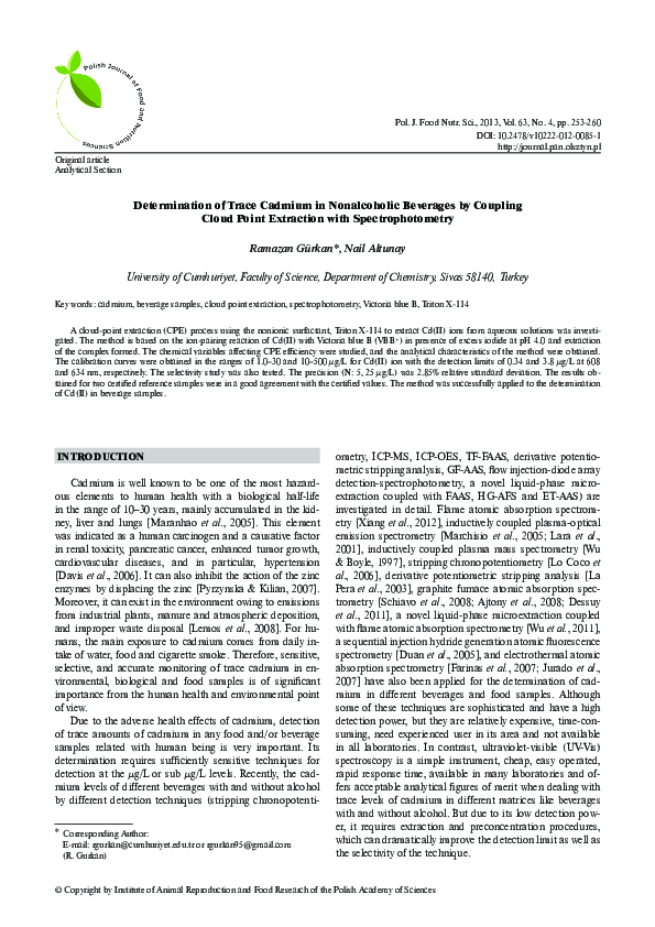 (PDF) Determination of Trace Cadmium in Nonalcoholic Beverages by Coupling Cloud Point ...