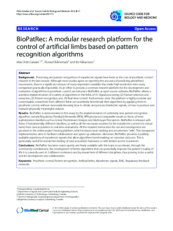 (PDF) BioPatRec: A modular research platform for the control of artificial limbs based on ...