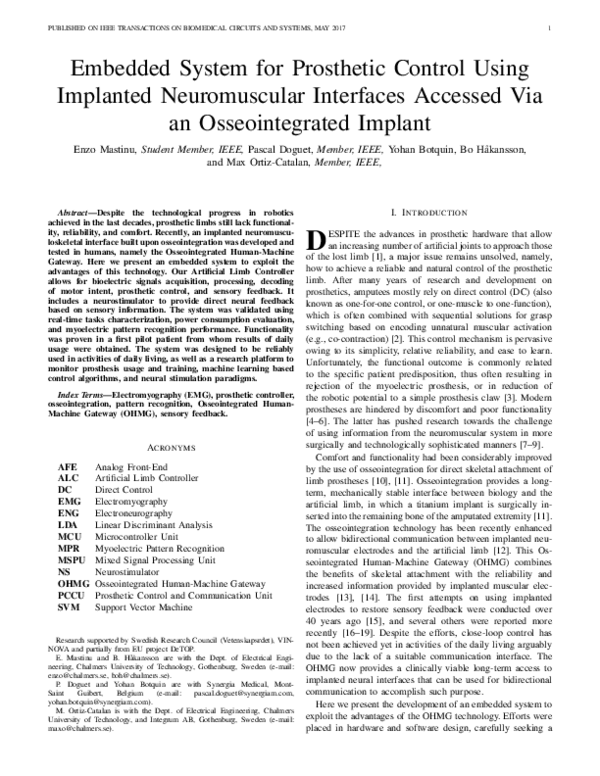 (PDF) Embedded System for Prosthetic Control Using Implanted Neuromuscular Interfaces Accessed ...