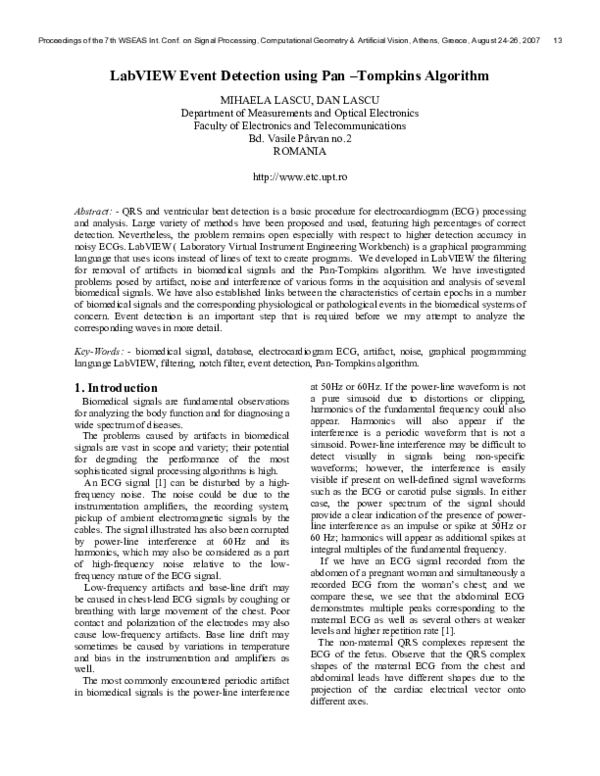 Pdf Labview Event Detection Using Pan Tompkins Algorithm Mihaela