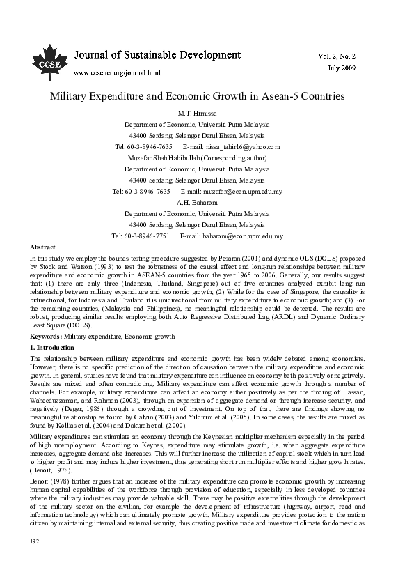 (PDF) Military Expenditure and Economic Growth in Asean-5 Countries ...