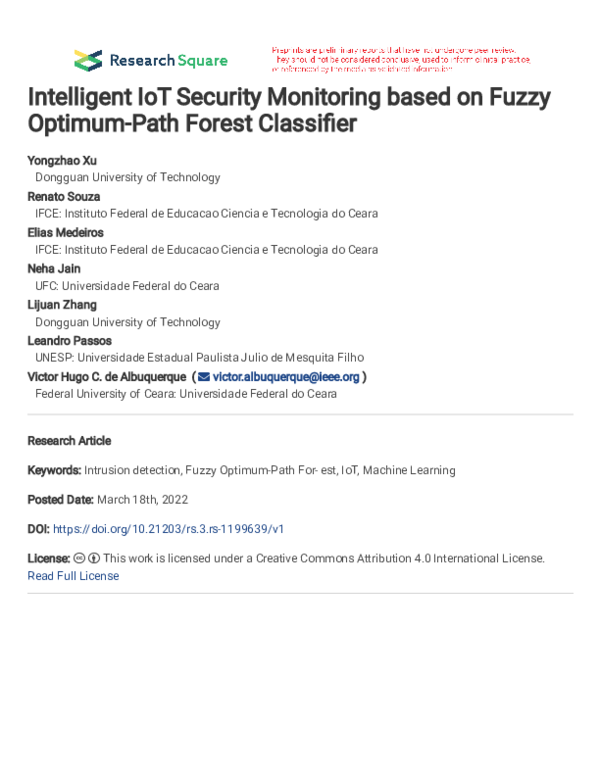 Pdf Intelligent Iot Security Monitoring Based On Fuzzy Optimum Path Forest Classifier