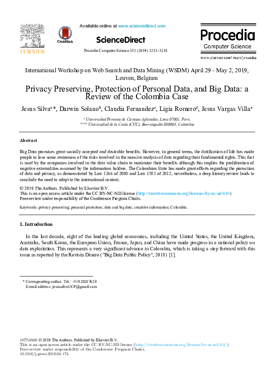 (PDF) Privacy Preserving, Protection of Personal Data, and Big Data: a Review of the Colombia Case
