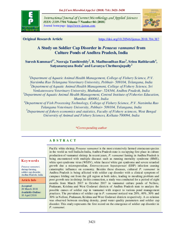 (PDF) A Study on Soldier Cap Disorder in Penaeus vannamei from Culture ...