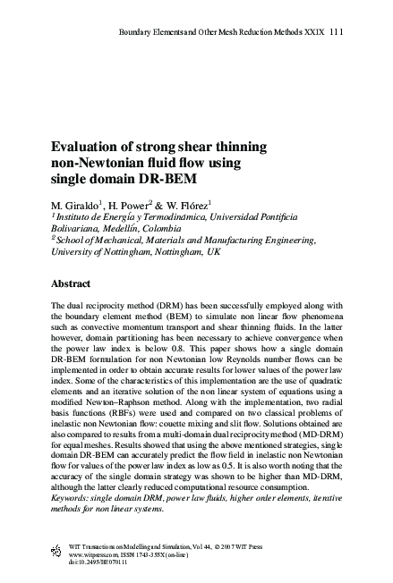 (PDF) Evaluation of strong shear thinning non-Newtonian fluid flow using single domain DR-BEM