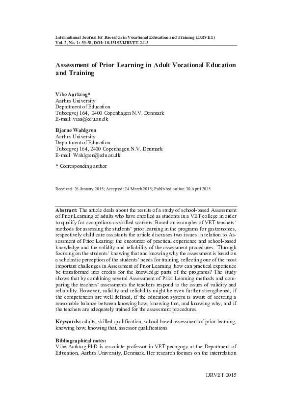 (PDF) Assessment of Prior Learning in Adult Vocational Education and ...