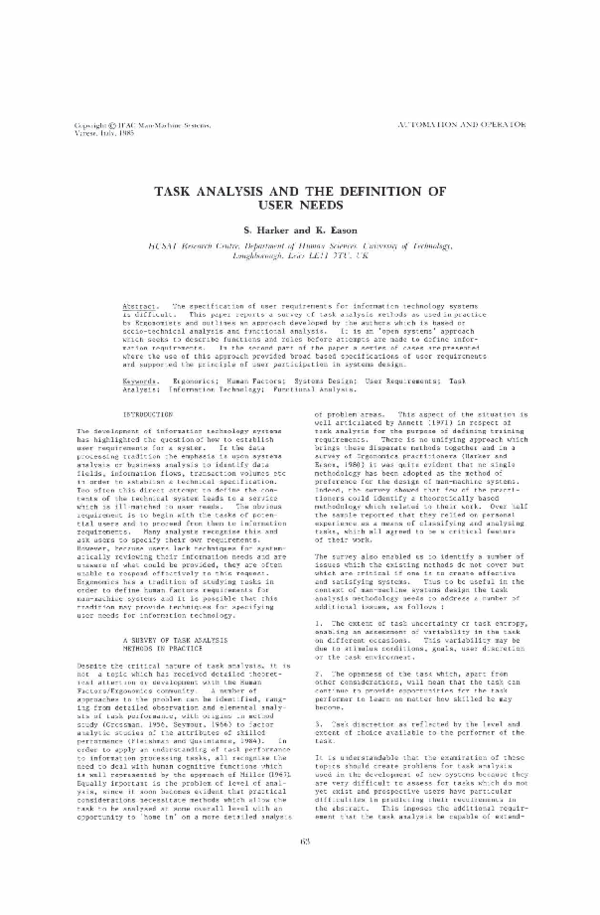 (PDF) Task Analysis and the Definition of User Needs