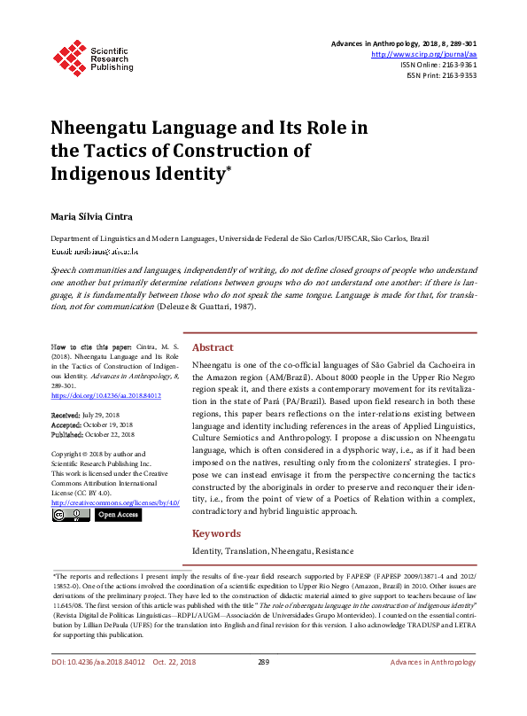 (PDF) Nheengatu Language and Its Role in the Tactics of Construction of ...
