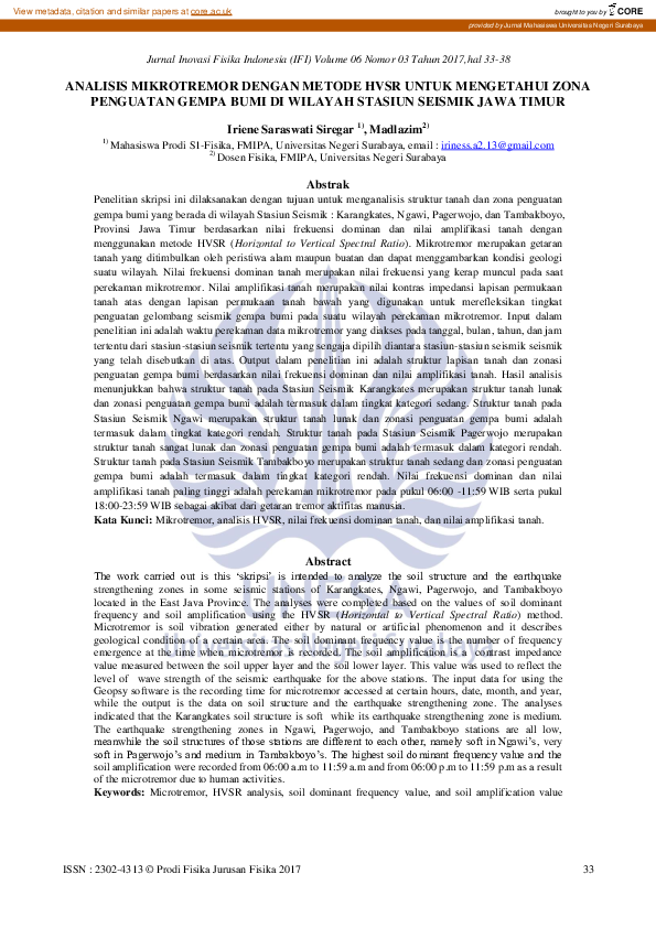 (PDF) Analisis Mikrotremor Dengan Metode HVSR Untuk Mengetahui Zona Penguatan Gempa Bumi DI ...