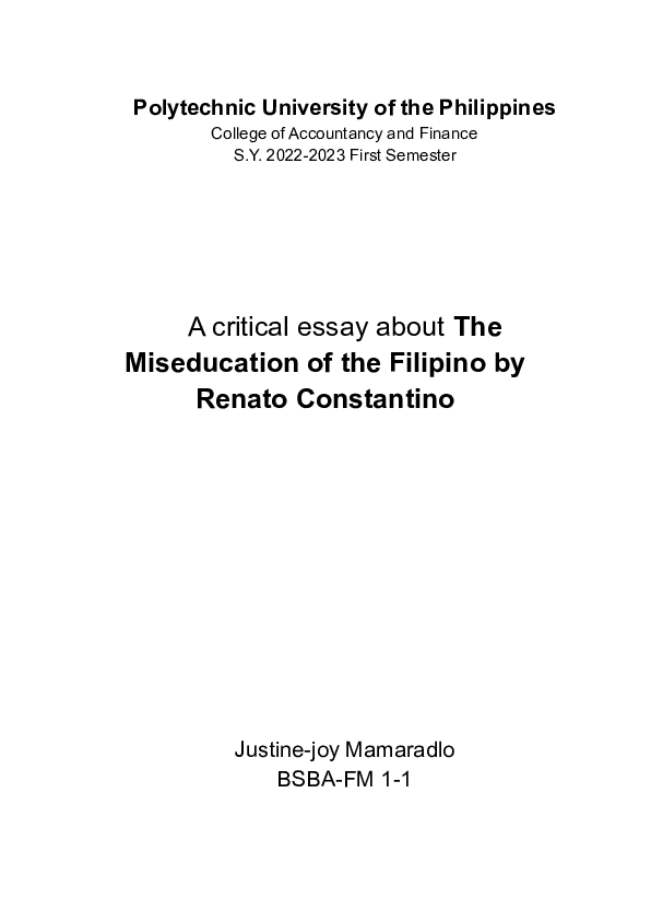 (PDF) A critical essay on "Miseducation of the Filipino" by Renato Constantino