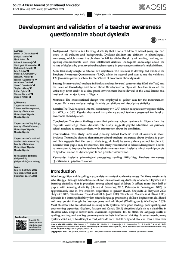 (PDF) Development and validation of a teacher awareness questionnaire about dyslexia