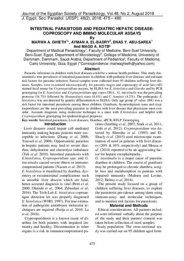 (PDF) Intestinal Parasitosis and Pediatric Hepatic Disease: Coproscopy ...
