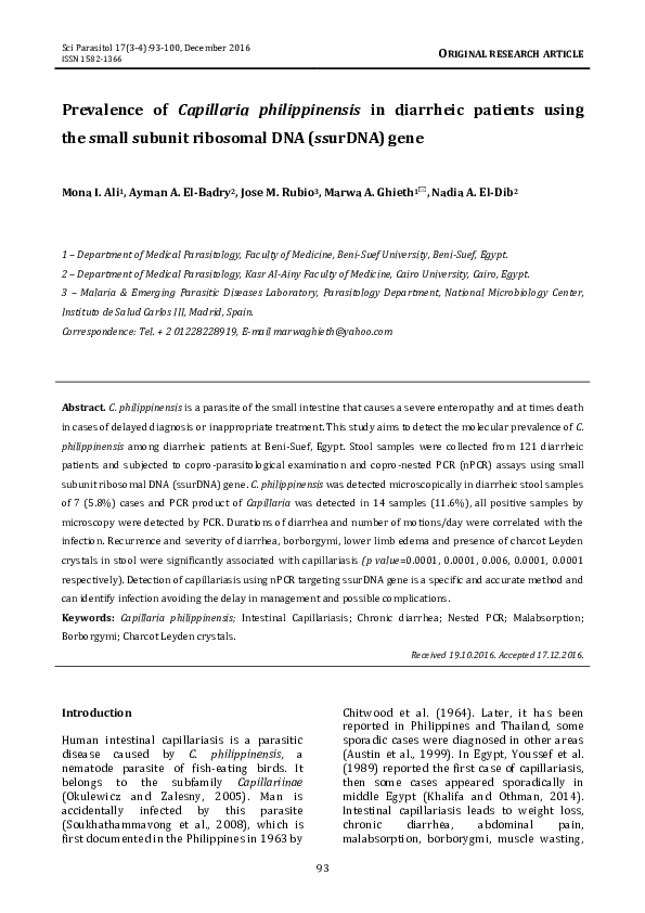 (PDF) Capillaria philippinensis in Diarrheic Patients
