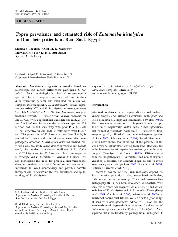 (PDF) Copro prevalence and estimated risk of Entamoeba histolytica in Diarrheic patients at Beni ...
