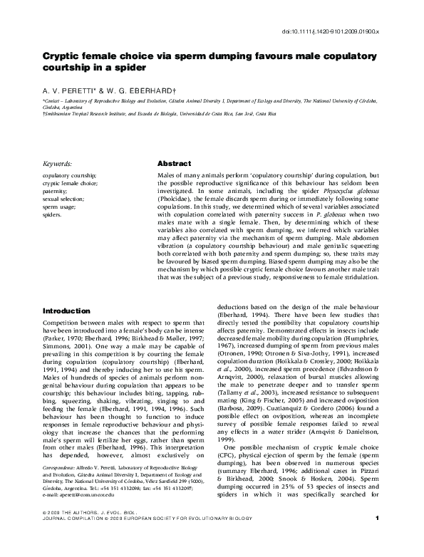 (PDF) Cryptic female choice via sperm dumping favours male copulatory ...