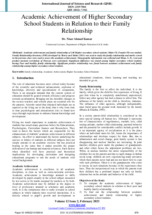 (PDF) Academic Achievement of Higher Secondary School Students in ...