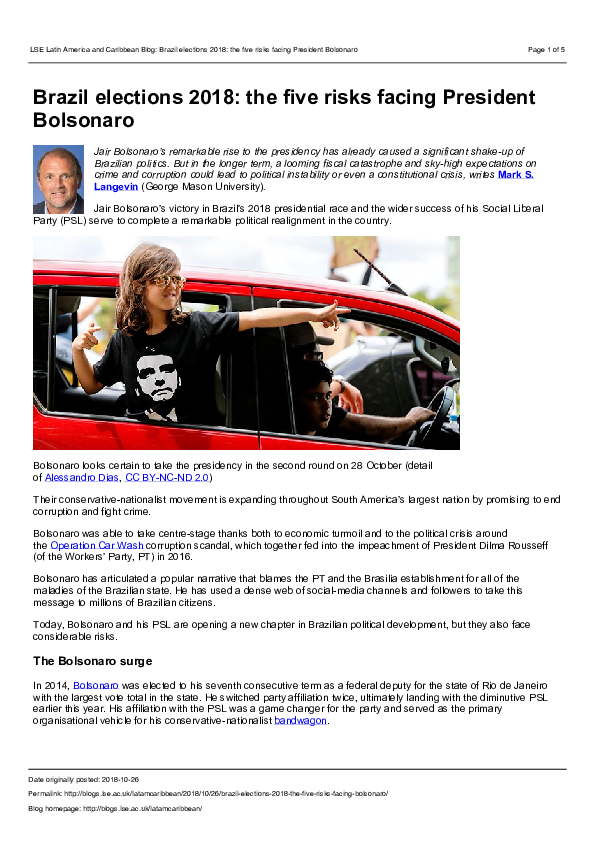 (PDF) Brazil elections 2018: the five risks facing President Bolsonaro