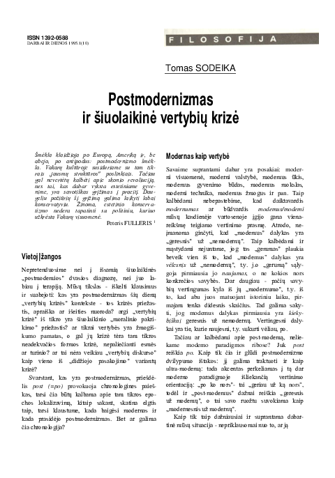(PDF) Postmodernizmas ir šiuolaikinė vertybių krizė | Tomas Sodeika ...