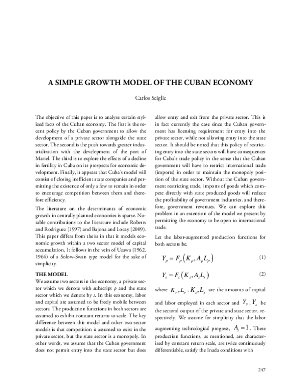 (PDF) A Simple Growth Model of the Cuban Economy | Carlos Seiglie ...