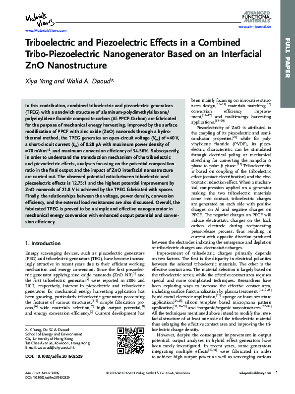 (PDF) Triboelectric and Piezoelectric Effects in a Combined Tribo‐Piezoelectric Nanogenerator ...