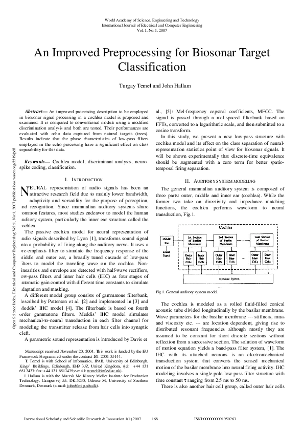(PDF) An Improved Preprocessing For Biosonar Target Classification
