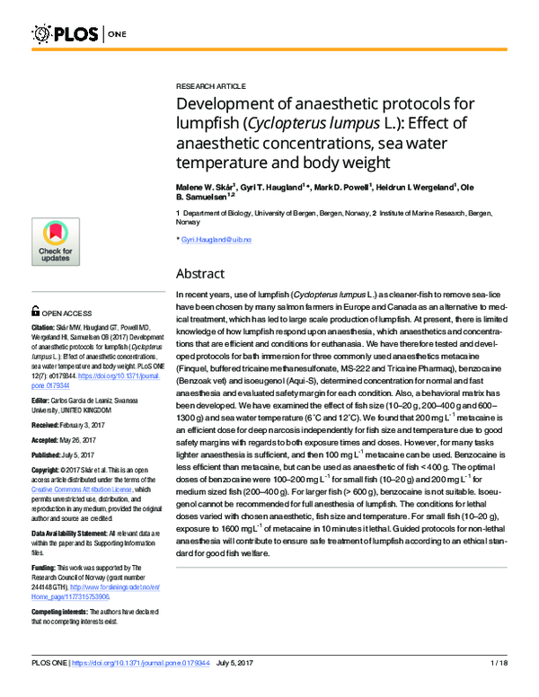(PDF) Development of anaesthetic protocols for lumpfish (Cyclopterus ...