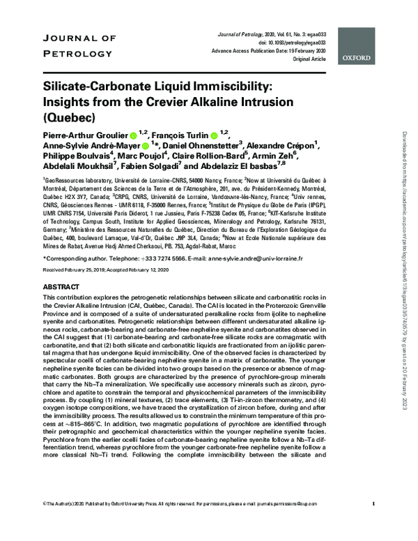 (PDF) Silicate-Carbonate Liquid Immiscibility: Insights from the Crevier Alkaline Intrusion (Quebec)