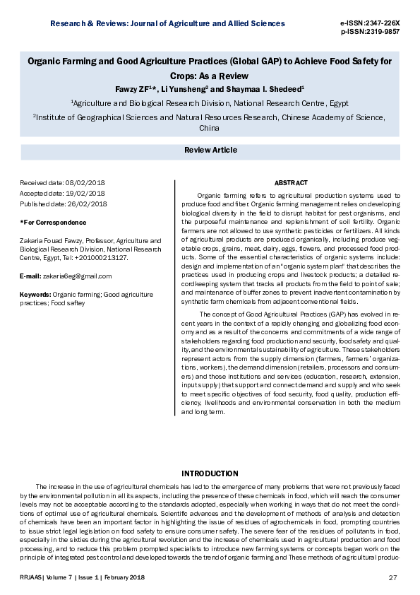 (PDF) Organic Farming and Good Agriculture Practices (Global GAP) to Achieve Food Safety for ...