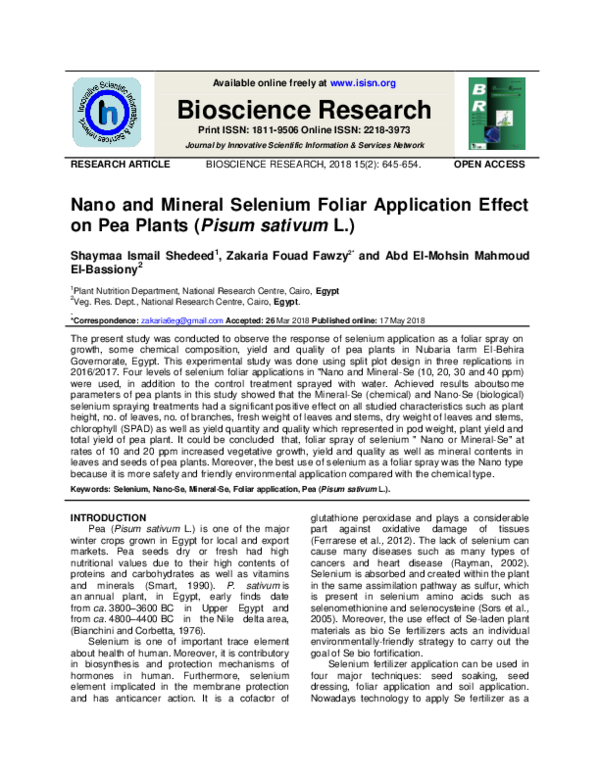 Pdf Nano And Mineral Selenium Foliar Application Effect On Pea Plants Pisum Sativum L