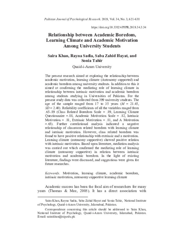 (PDF) Relationship between Academic Boredom, Learning Climate and Academic Motivation Among ...