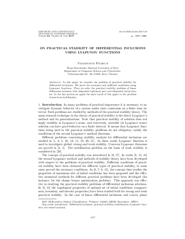 (PDF) On practical stability of differential inclusions using Lyapunov functions