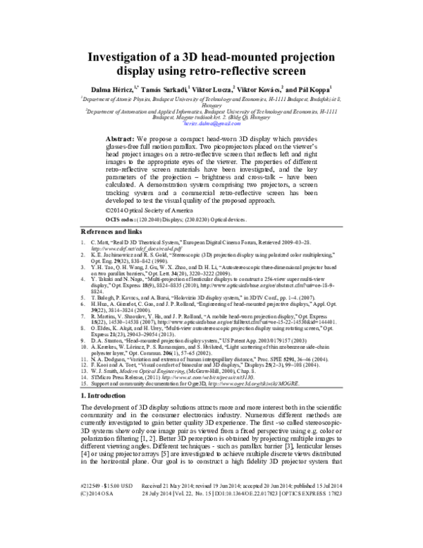 (PDF) Investigation of a 3D head-mounted projection display using retro-reflective screen