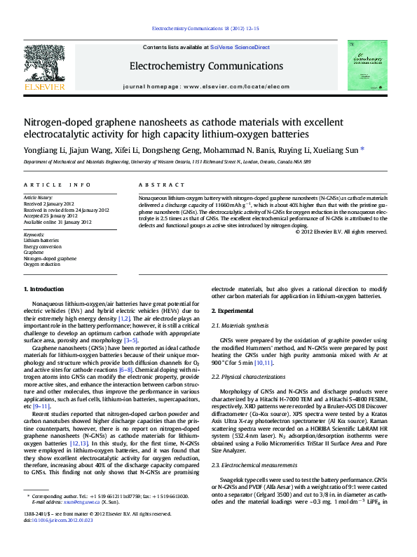 (PDF) Nitrogen-doped graphene nanosheets as cathode materials with excellent electrocatalytic ...