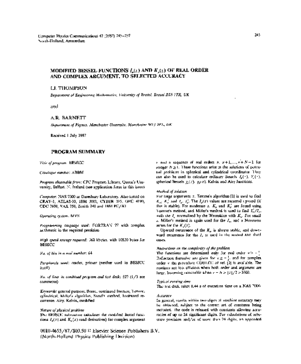 Pdf Modified Bessel Functions Of Real Order And Complex Argument To Selected Accuracy