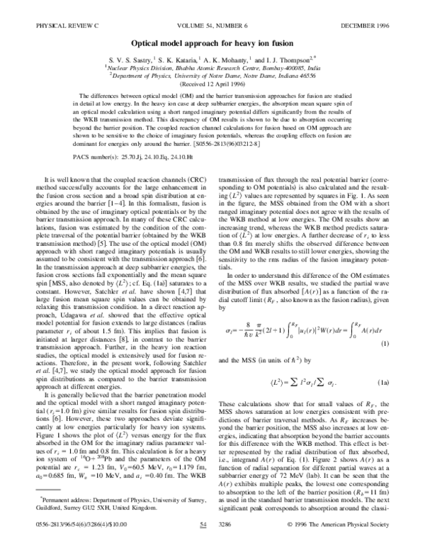 (PDF) Optical model approach for heavy ion fusion