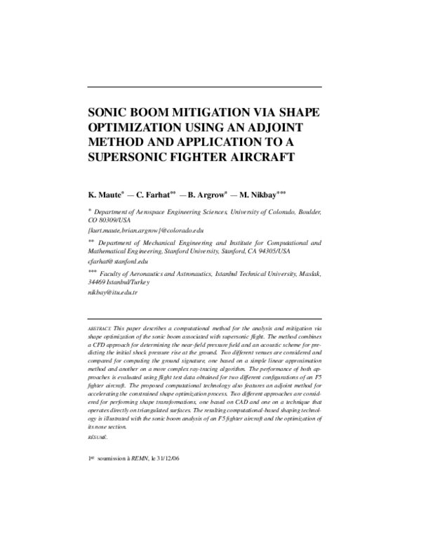 (PDF) Sonic boom mitigation via shape optimization using an adjoint method and application to a ...