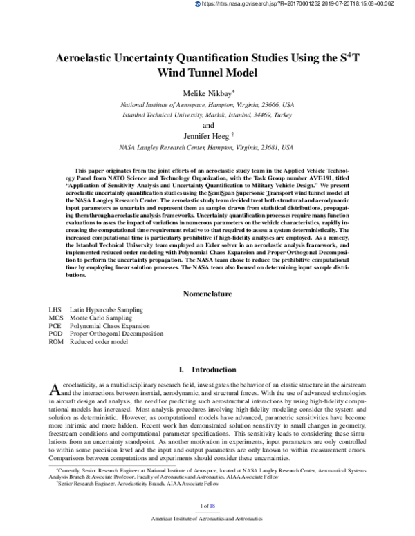 (PDF) Aeroelastic Uncertainty Quantification Studies Using the S4T Wind Tunnel Model