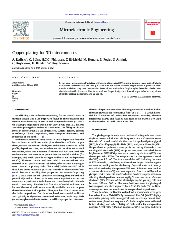 (PDF) Copper plating for 3D interconnects