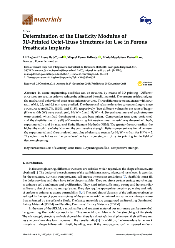 Pdf Determination Of The Elasticity Modulus Of 3d Printed Octet Truss Structures For Use In