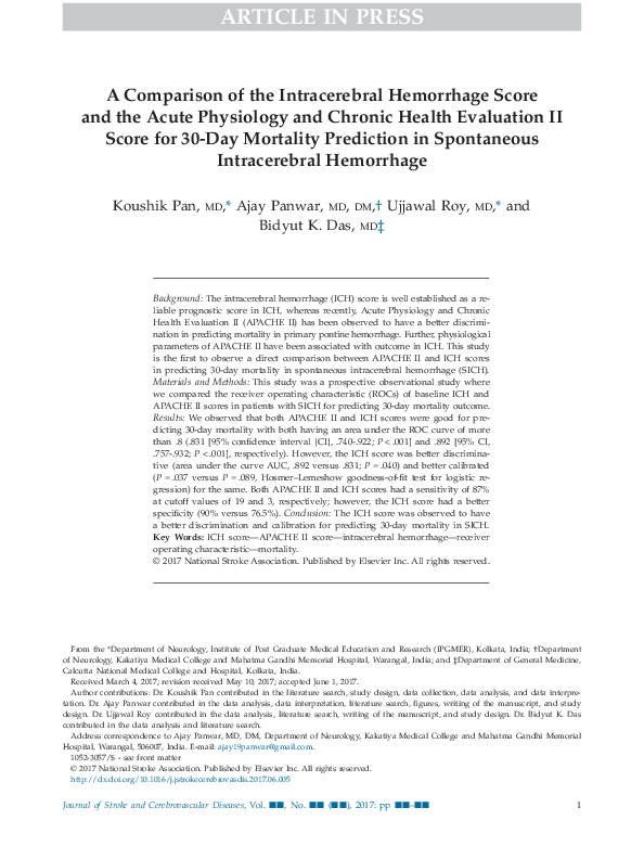 (PDF) A Comparison of the Intracerebral Hemorrhage Score and the Acute Physiology and Chronic ...