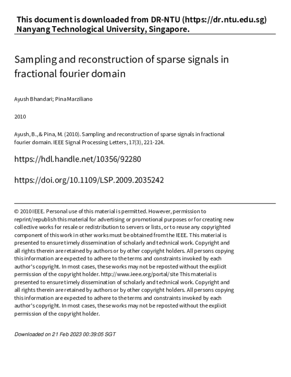 (PDF) Sampling and Reconstruction of Sparse Signals in Fractional Fourier Domain