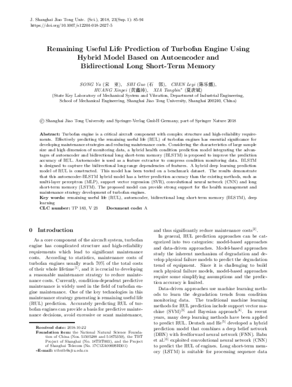 Pdf Remaining Useful Life Prediction Of Turbofan Engine Using Hybrid Model Based On